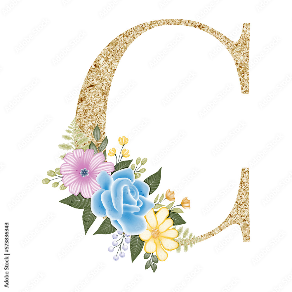 Floral alphabet, gold letter C with watercolor flowers and leaf Stock ...