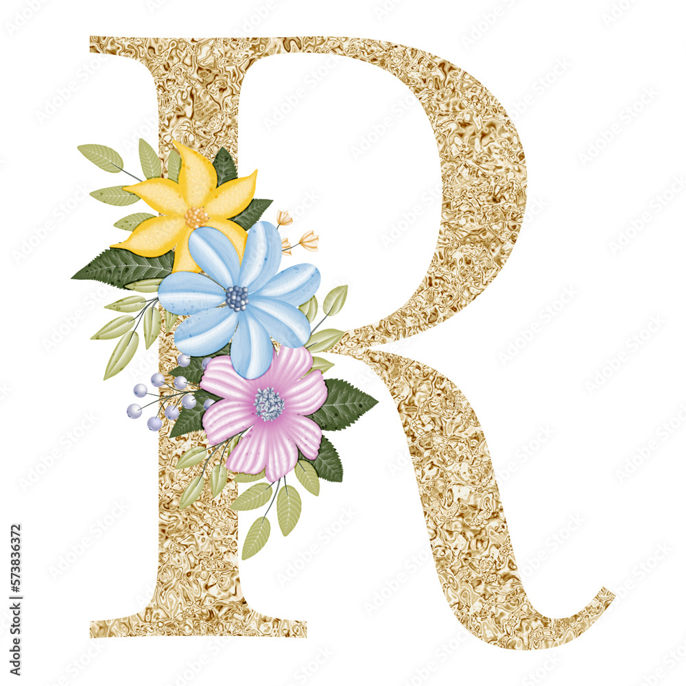Floral alphabet, gold letter R with watercolor flowers and leaf Stock ...