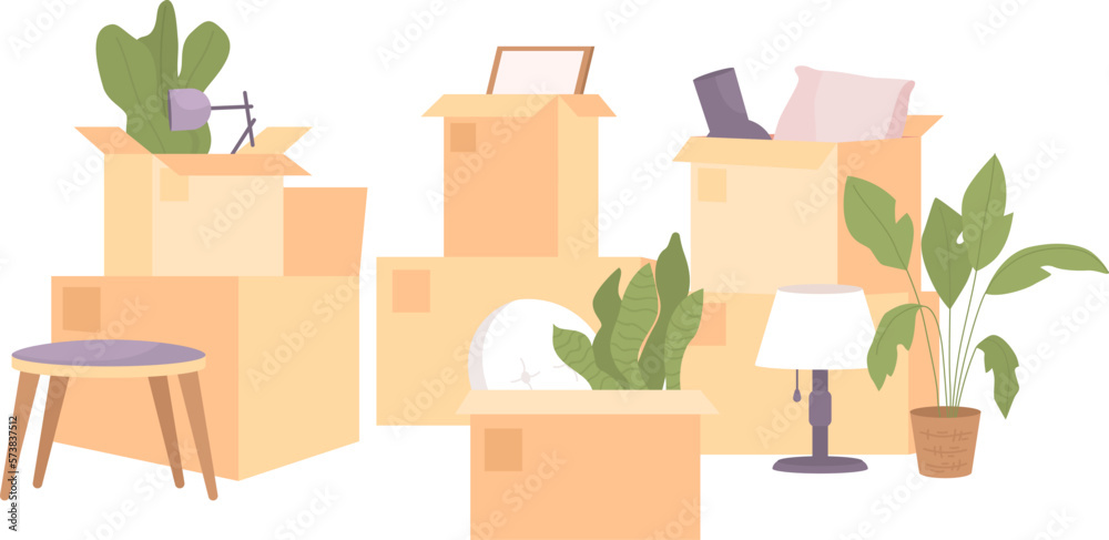 Messy pile of boxes with living room decor semi flat color vector ...