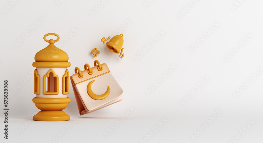 Islamic decoration background with lantern, crescent calendar, bell ...
