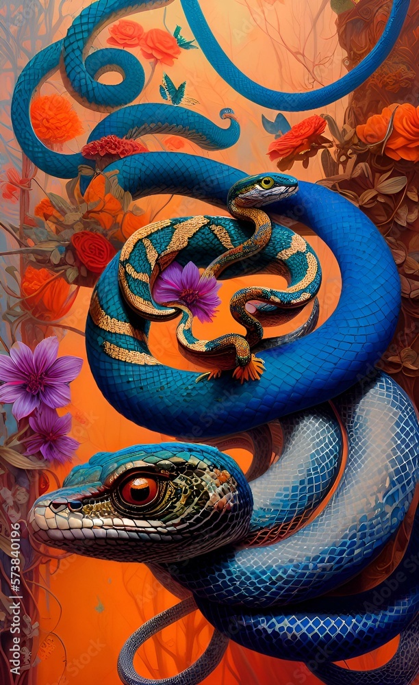Design with fabulous snakes and flowers. Generated by AI. Bright ...