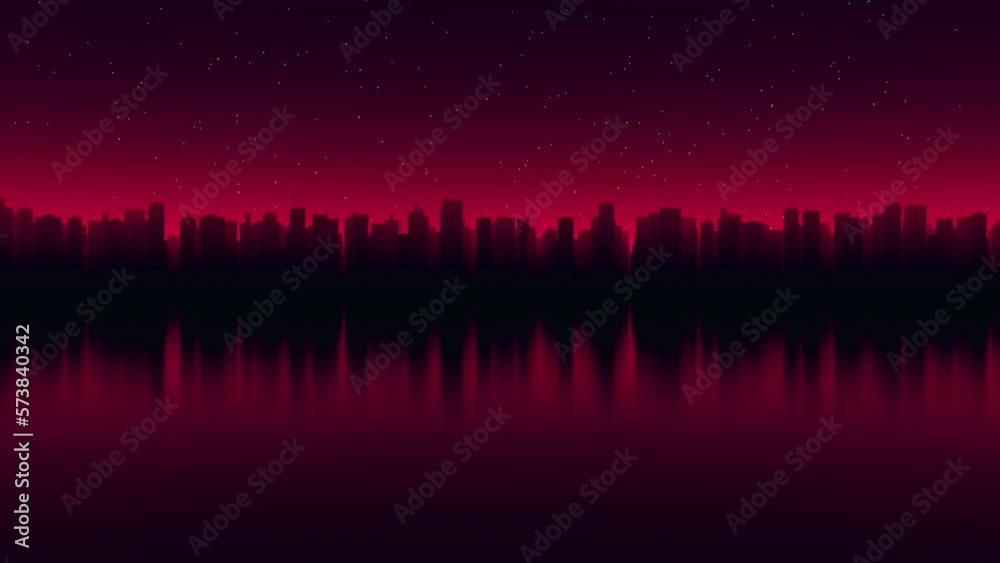 Horizontal side scrolling of silhouette skyscrapers with reflected ...