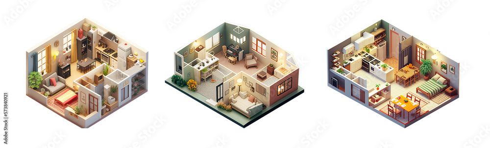 3D Isometric interior home plan room cute set design isolate on white ...