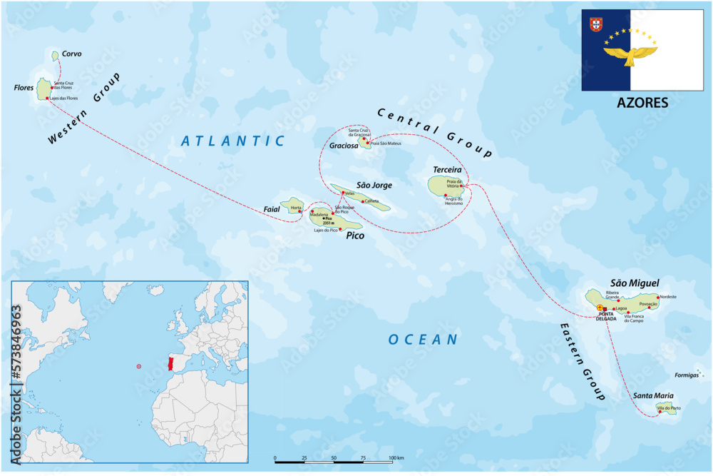 vector map of the portuguese archipelago Azores in the Atlantic ocean ...