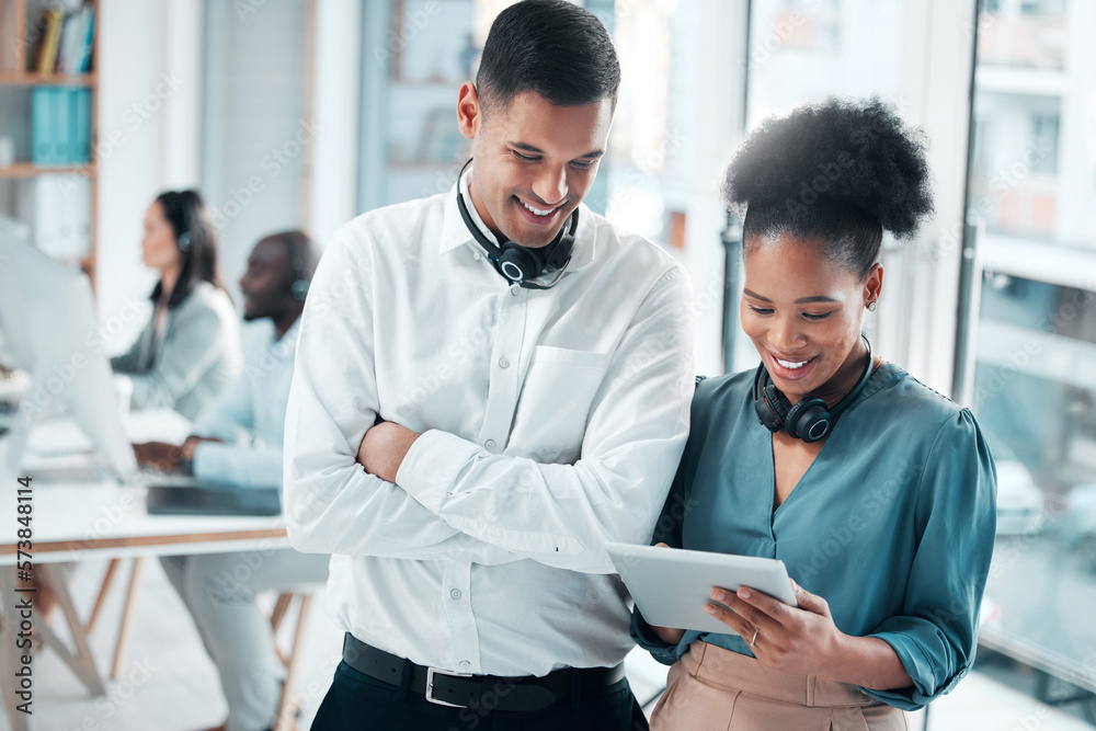 Call center, team and tablet with consultant and CRM, communication and ...