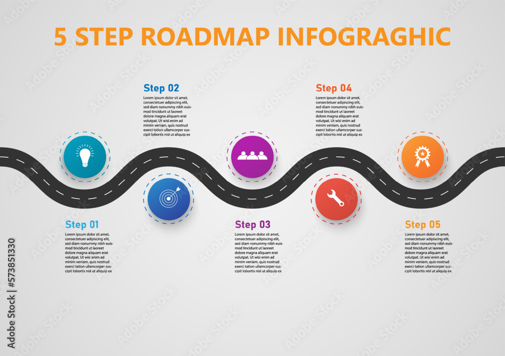 5 Step Roadmap Infographics Multi-colored circles have an icon in the ...