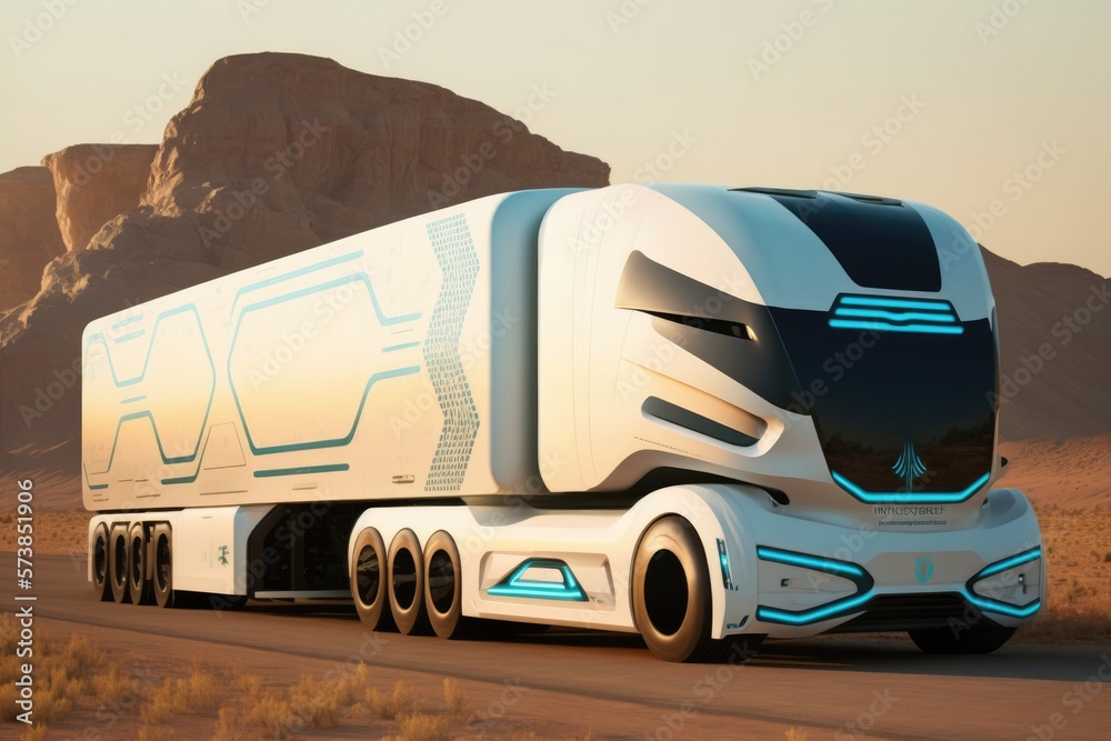Sci-fi futuristic heavy load truck, self-driven transportation concept ...
