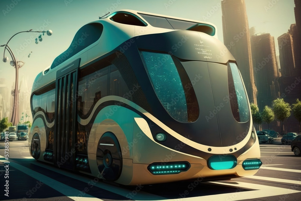 Sci-fi futuristic city bus, self-driven transportation concept ...