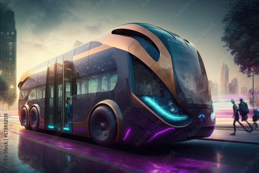 Sci-fi futuristic city bus, self-driven transportation concept ...