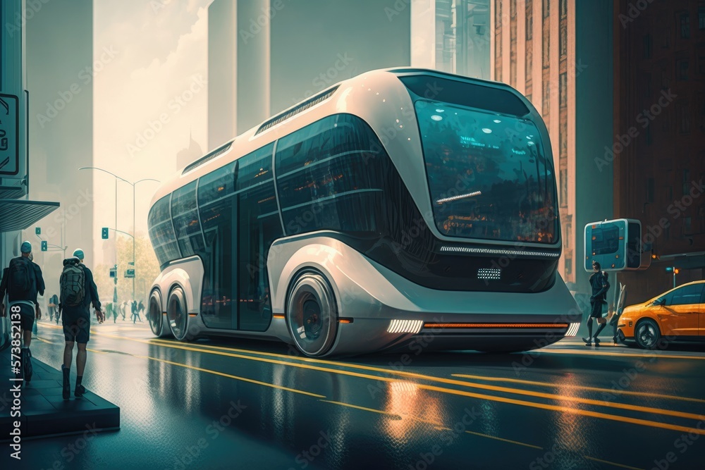 Sci-fi futuristic city bus, self-driven transportation concept ...