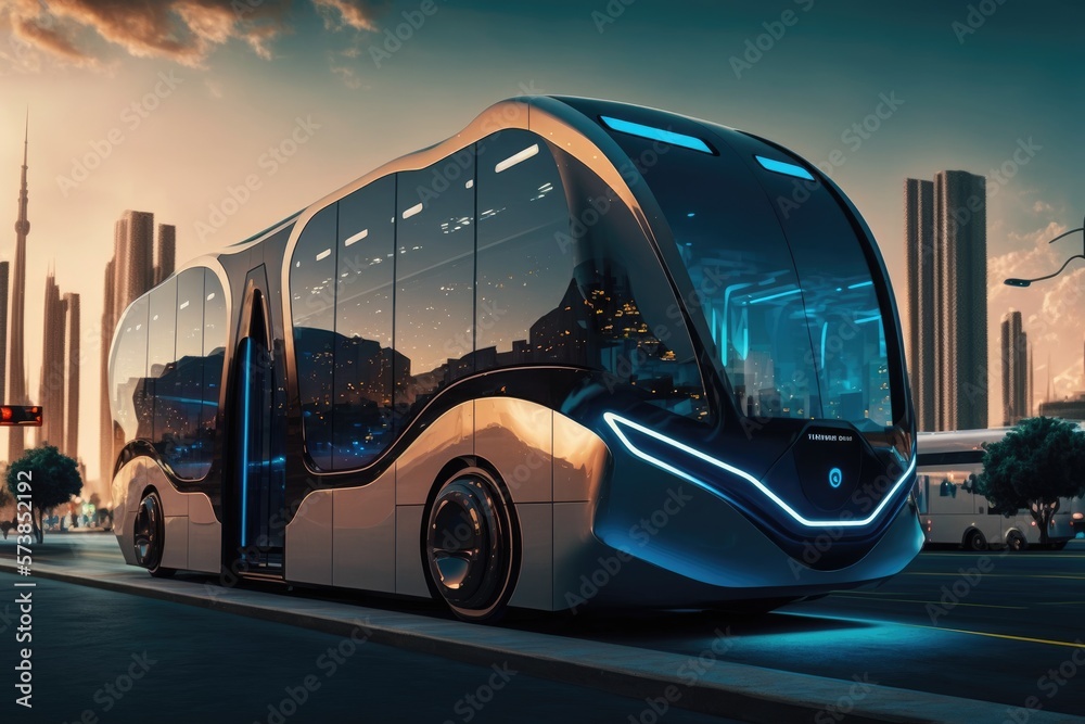 Sci-fi futuristic city bus, self-driven transportation concept ...