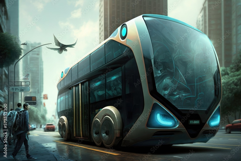 Sci-fi futuristic city bus, self-driven transportation concept ...