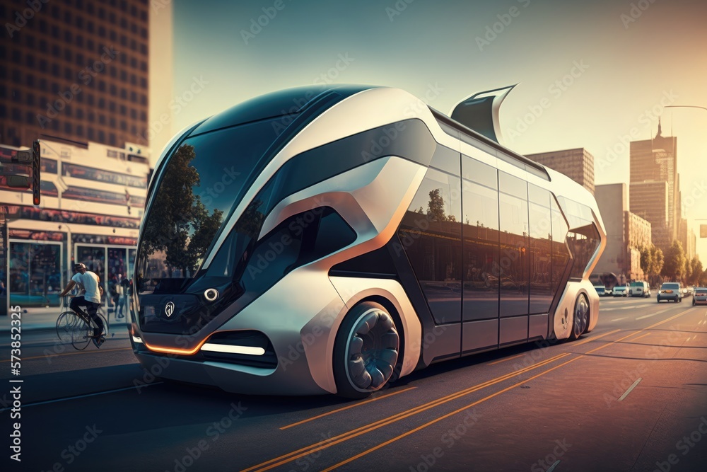 Sci-fi futuristic city bus, self-driven transportation concept ...