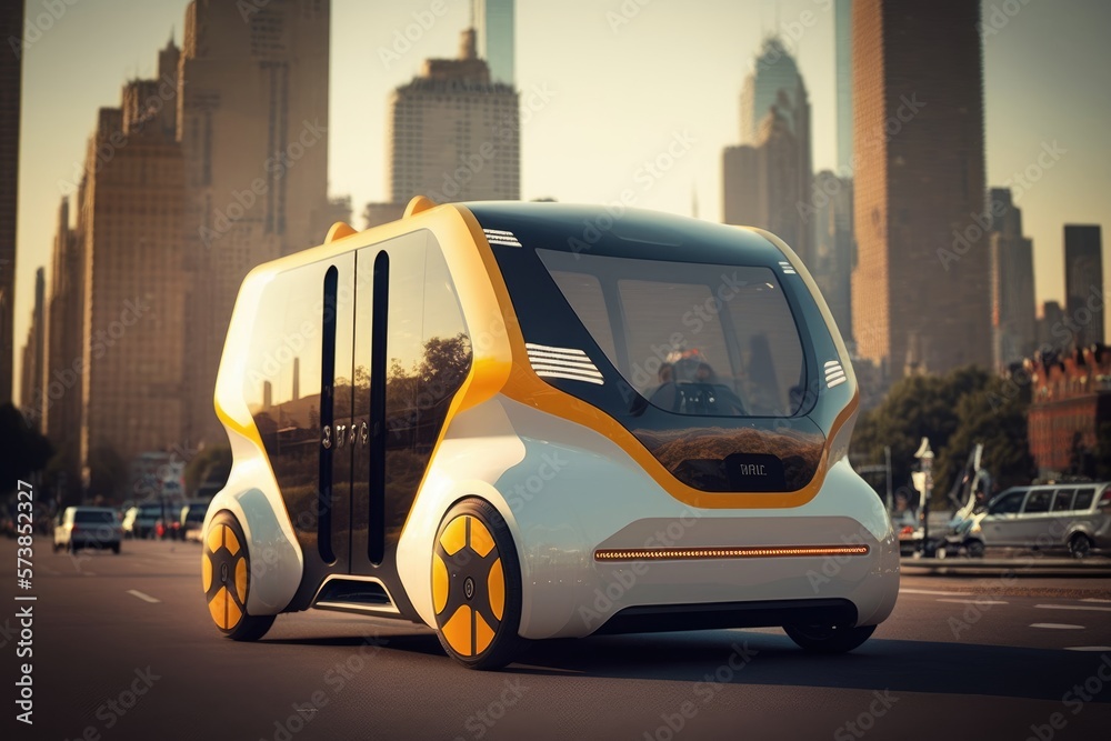 Sci-fi futuristic city bus, self-driven transportation concept ...