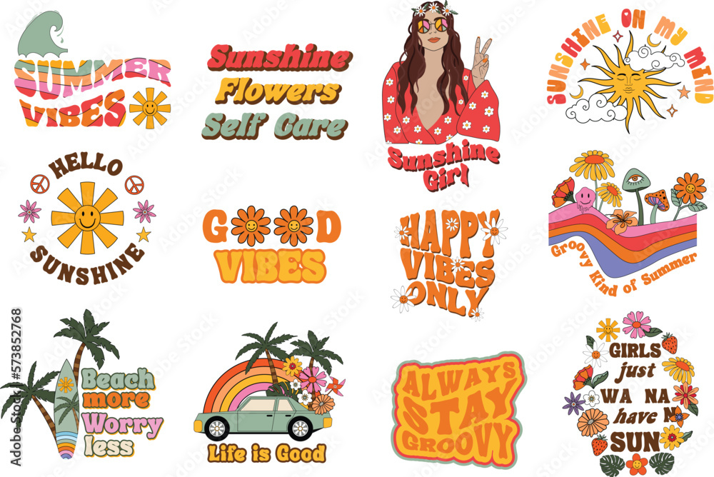 Colorful set of summer vibes Inspirational quotes and doodles in 70s ...