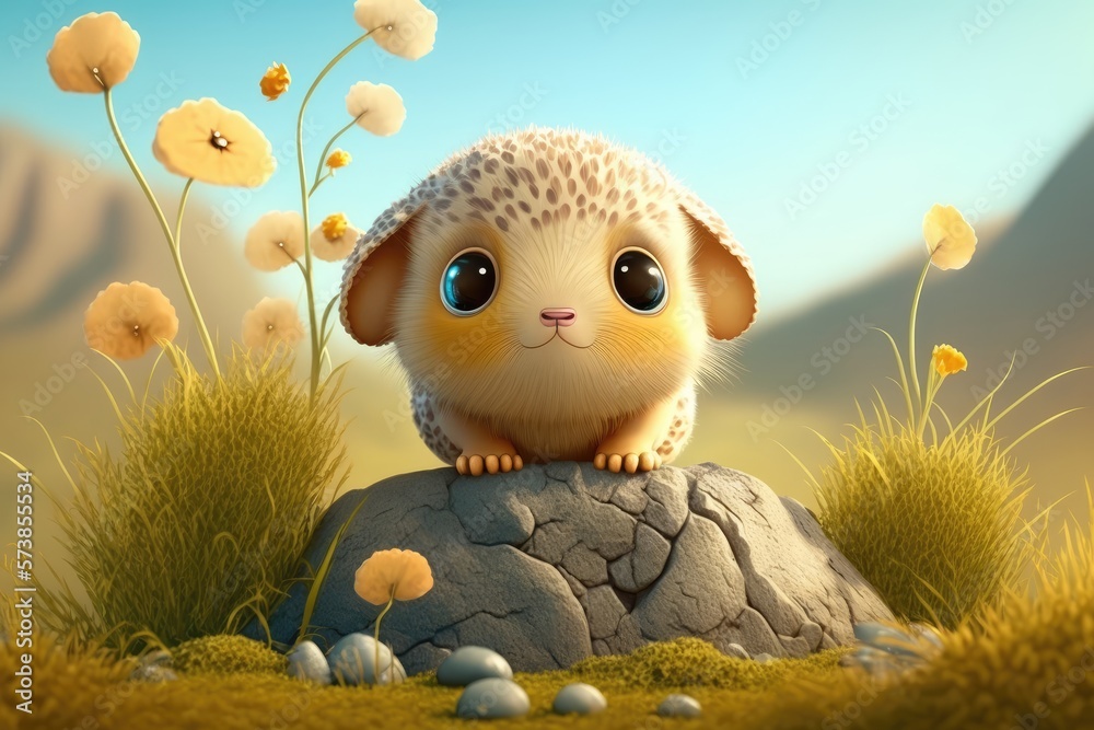 a cute adorable animal character stands in nature in the style of ...