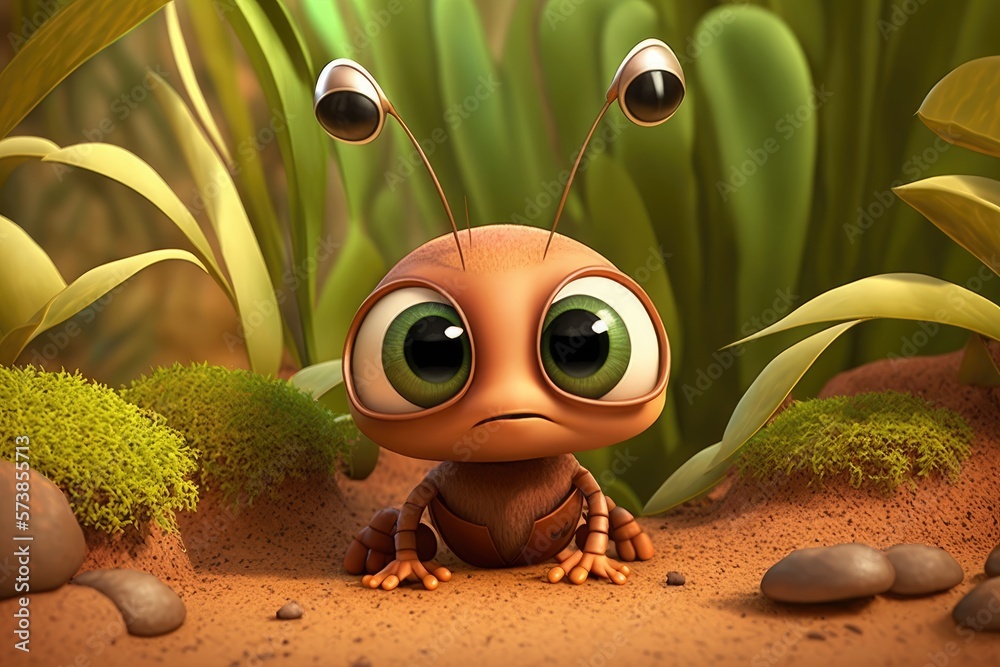 a cute adorable ant character stands in nature in the style of children ...