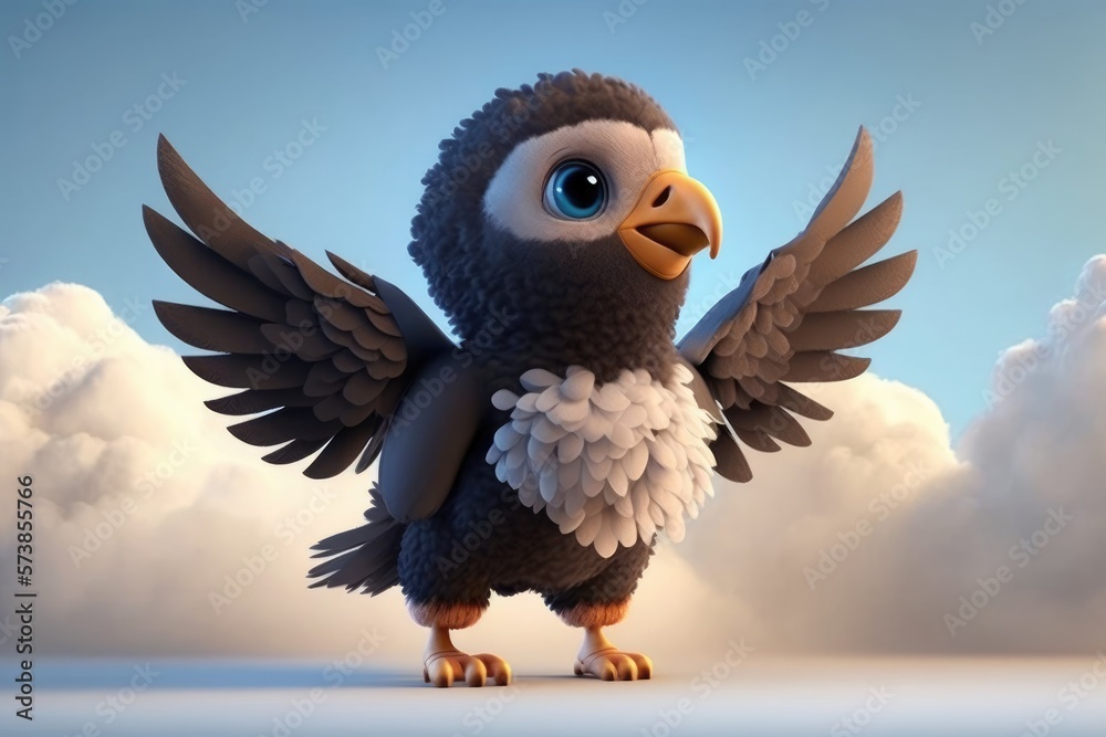 a cute adorable baby eagle character stands in nature in the style of ...