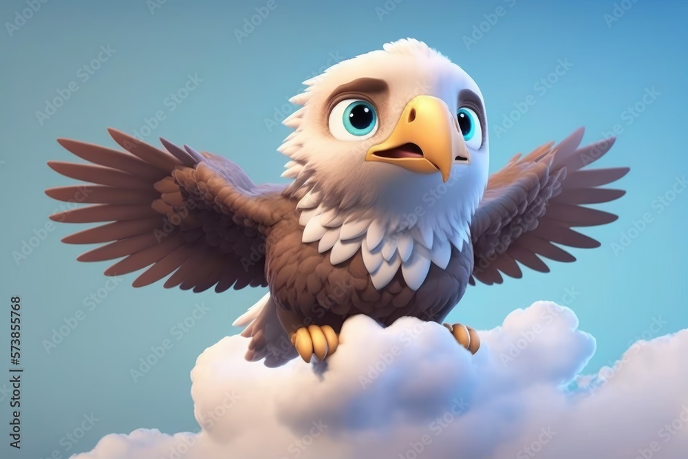 a cute adorable baby eagle character stands in nature in the style of ...