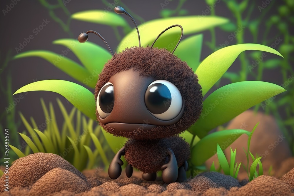 a cute adorable ant character stands in nature in the style of children ...