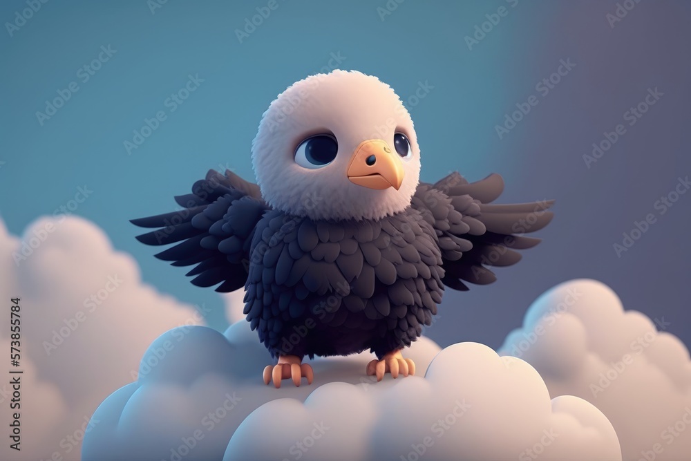 a cute adorable baby eagle character stands in nature in the style of ...