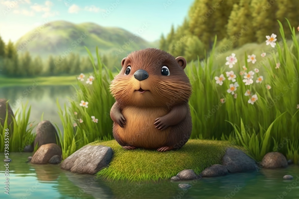 a cute adorable beaver character stands in nature in the style of ...