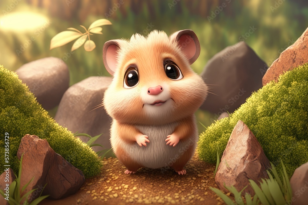 a cute adorable hamster character stands in nature in the style of ...