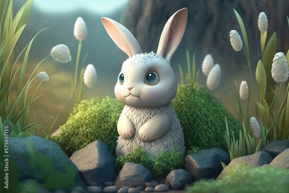 a cute adorable rabbit punny character stands in nature in the style of ...