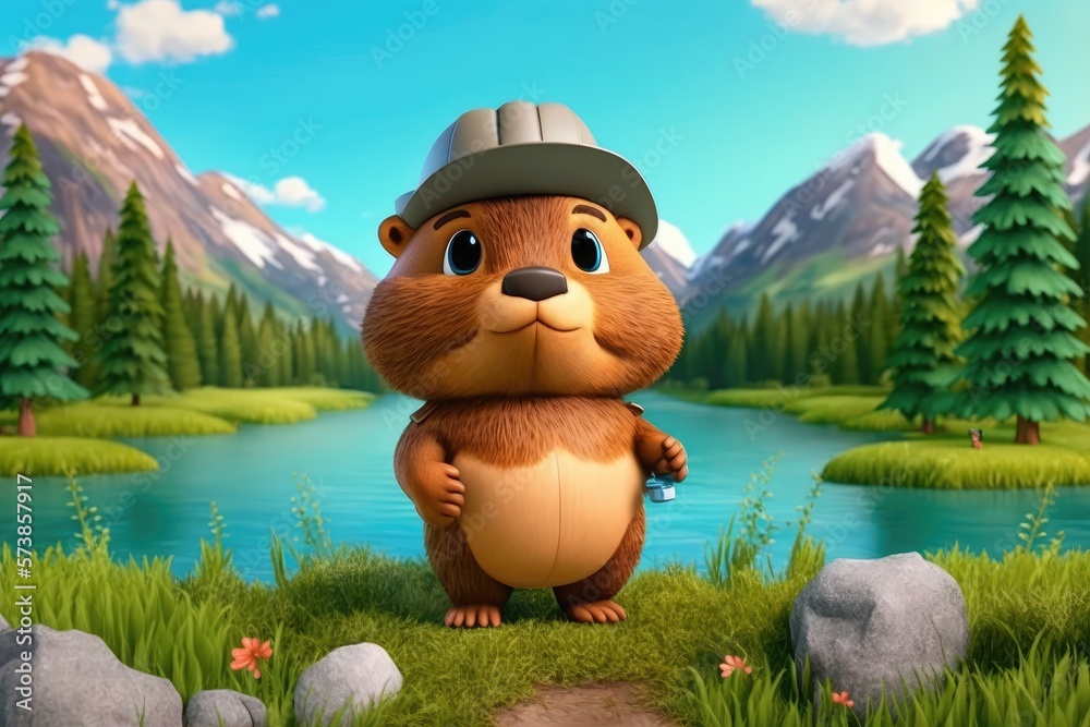 a cute adorable engineer beaver character stands in nature in the style ...
