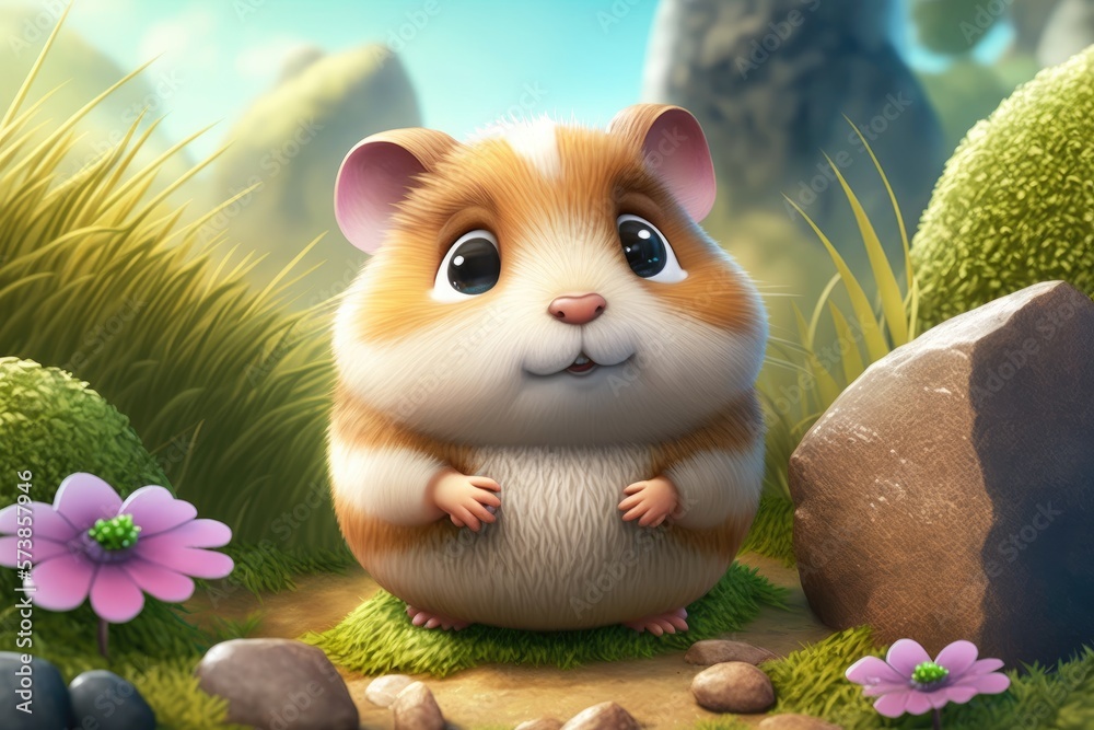 a cute adorable hamster character stands in nature in the style of ...