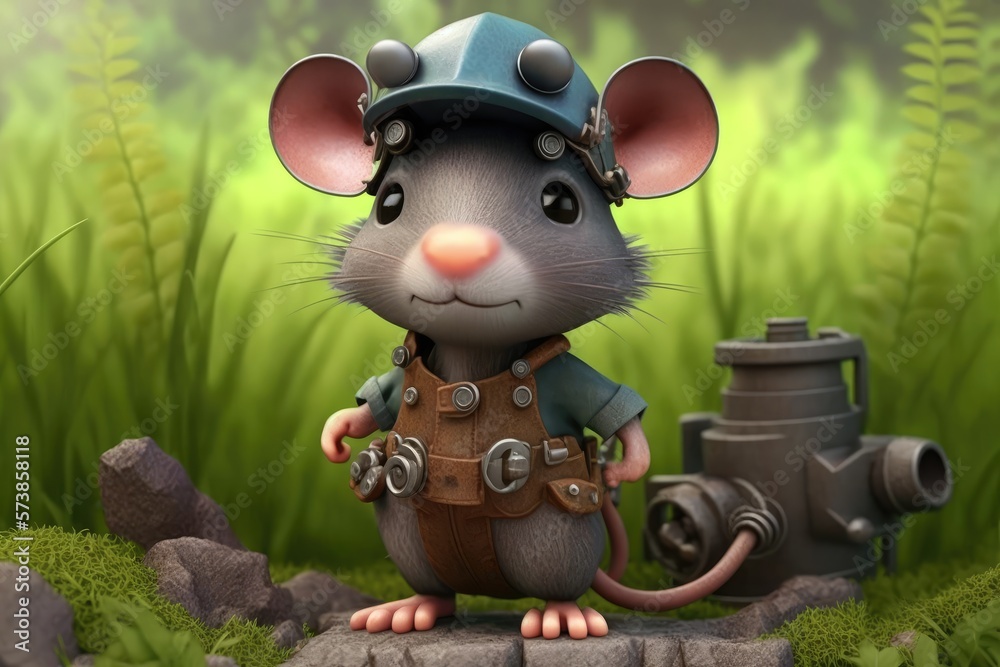 a cute adorable explorer mouse character stands in nature in the style ...
