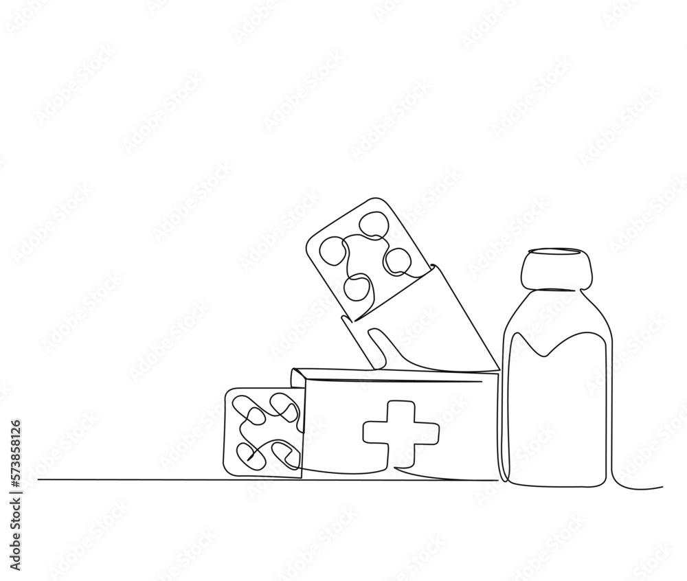 Continuous one line drawing of hand medicine, vitamin, capsule, tablet ...