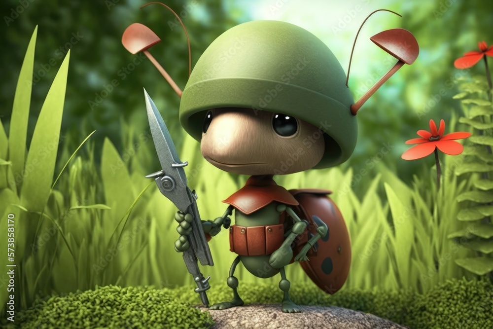 a cute adorable soldier ant character stands in nature in the style of ...