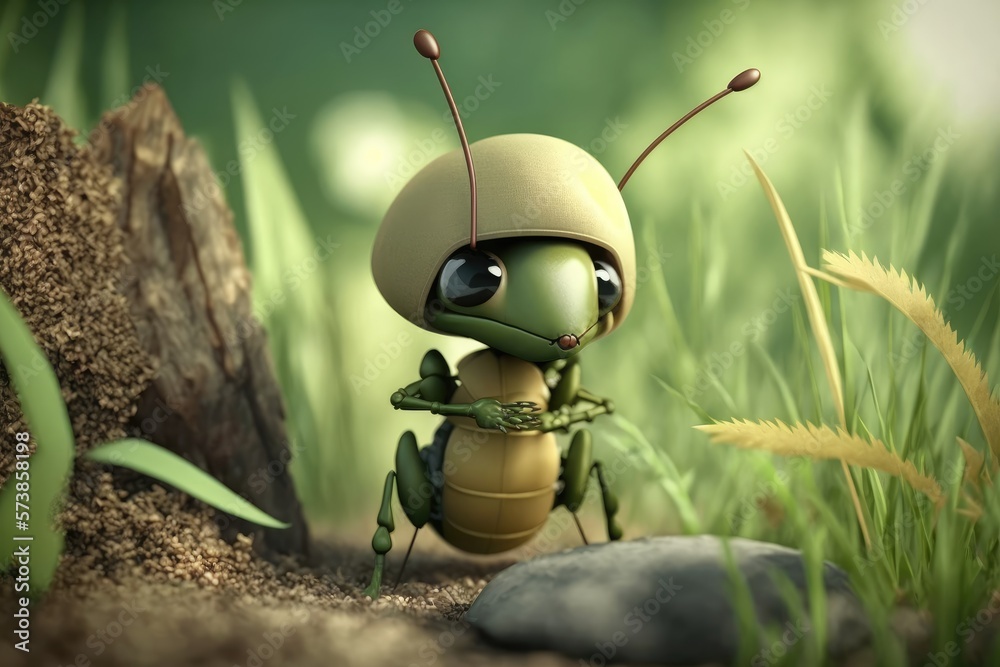 a cute adorable soldier ant character stands in nature in the style of ...