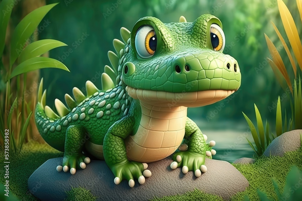 a cute adorable crocodile character stands in nature in the style of ...