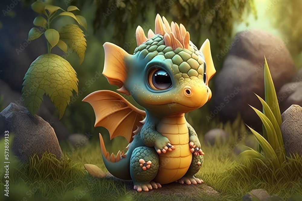 a cute adorable dragon character stands in nature in the style of ...