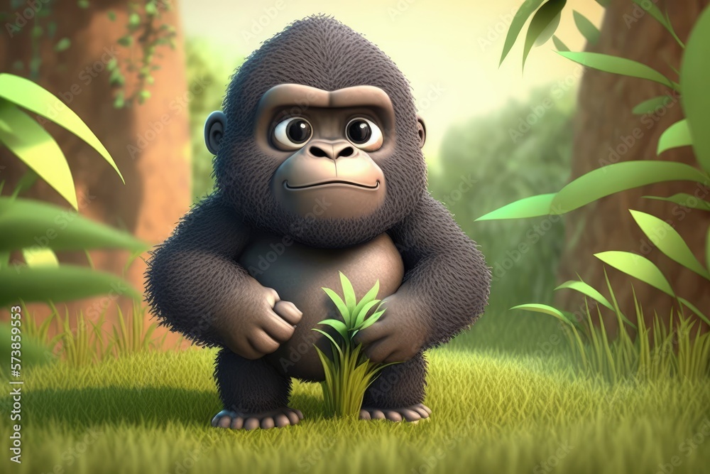 a cute adorable gorilla character stands in nature in the style of ...