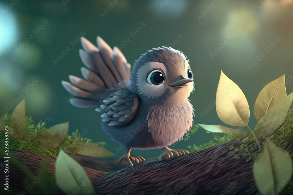 a cute adorable sparrow character stands in nature in the style of ...