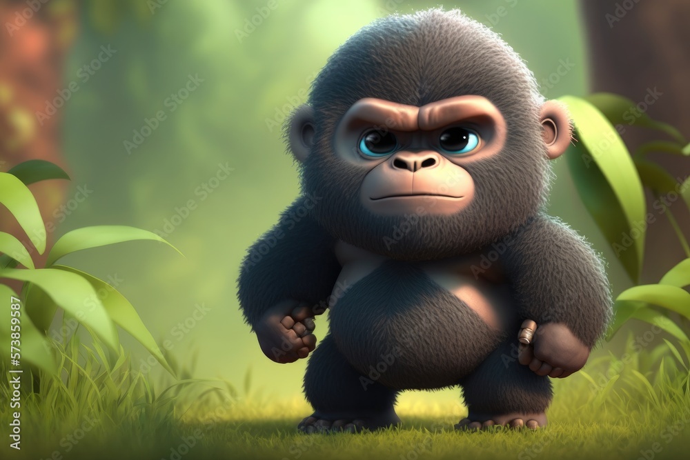 a cute adorable gorilla character stands in nature in the style of ...