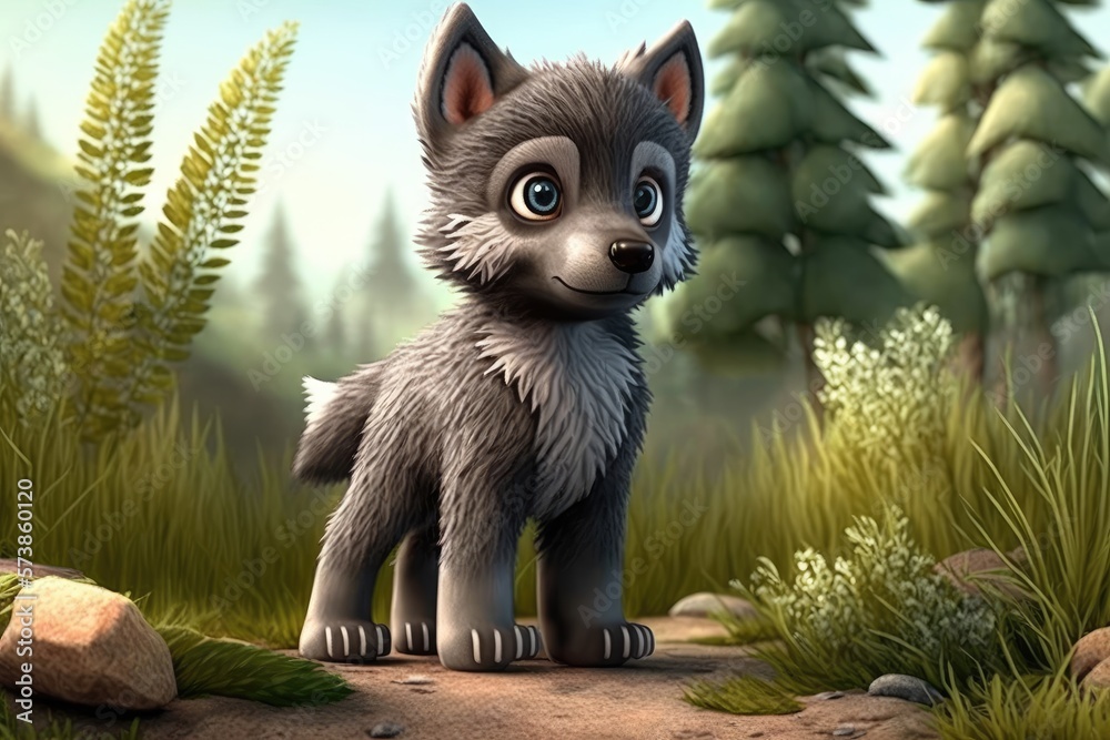 a cute adorable wolf character stands in nature in the style of ...