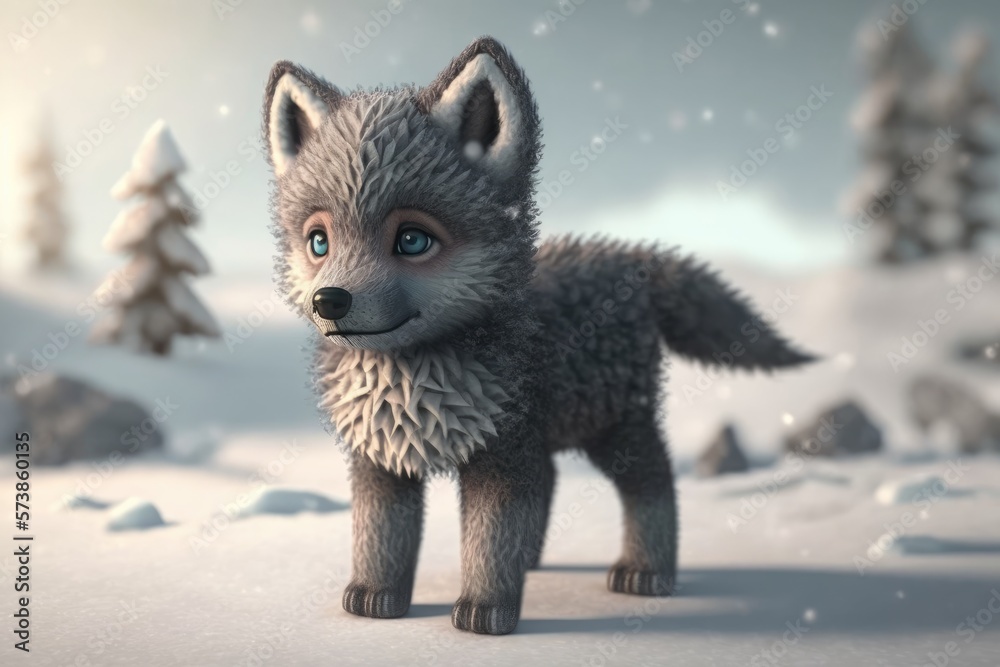 a cute adorable wolf character stands in nature in the style of ...