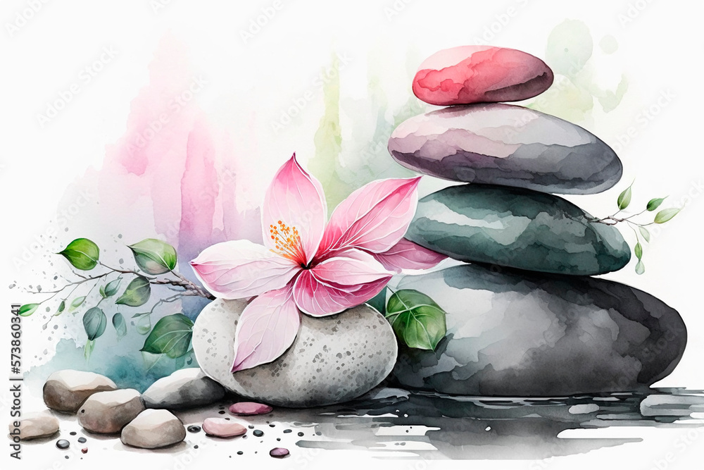 Watercolor black smooth stones and lotus flowers in water. AI ...