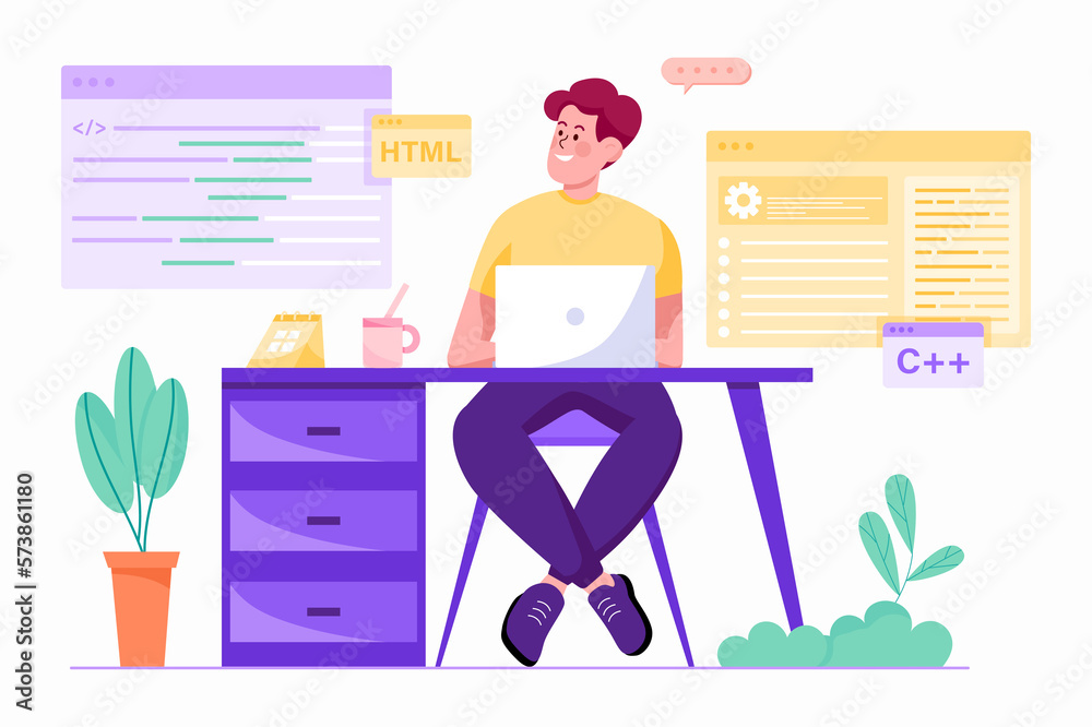 Programming software purple concept with people scene in the flat ...