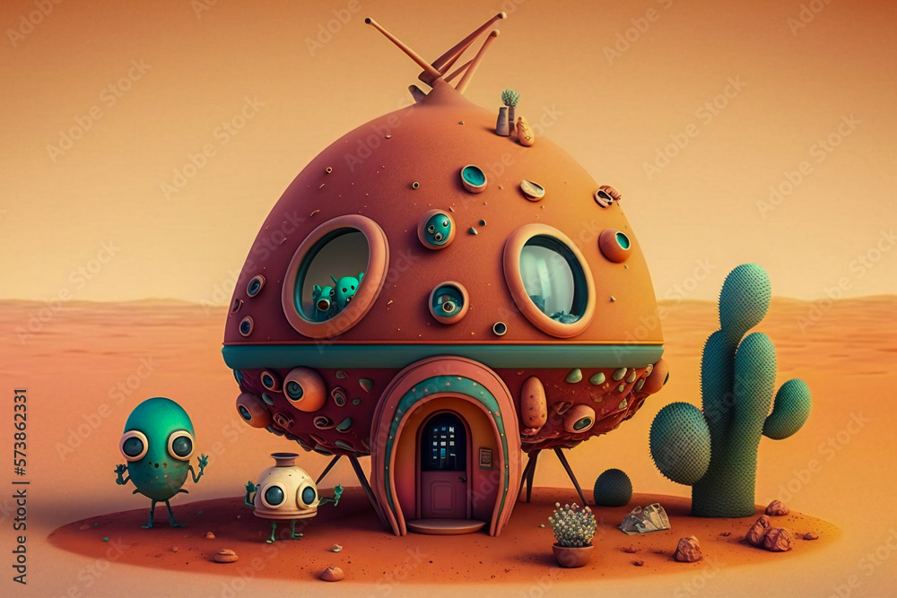 Cute tiny aliens and alien house. Created with Generative AI technology ...