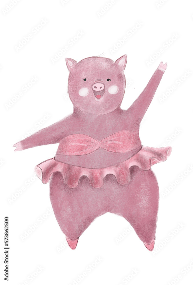 hand drawn cute cartoon pink ballerina pig, funny dancing pig drawing ...
