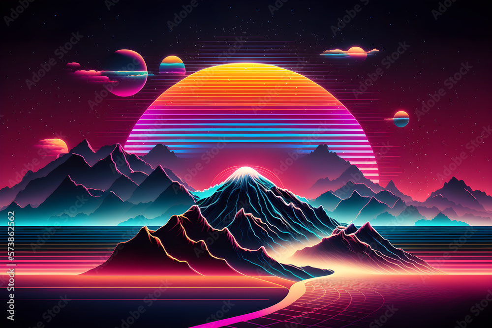 The futuristic retro landscape of the 80s. Illustration of the sun with ...