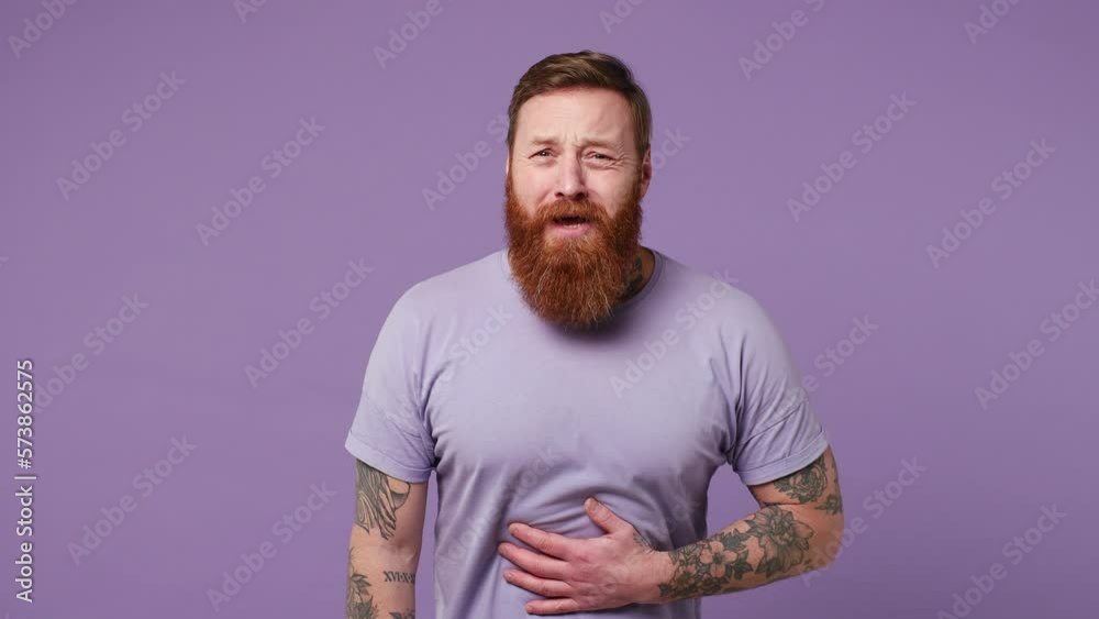 Sick ill sad tired young man 30s wear casual clothes put hands on ...