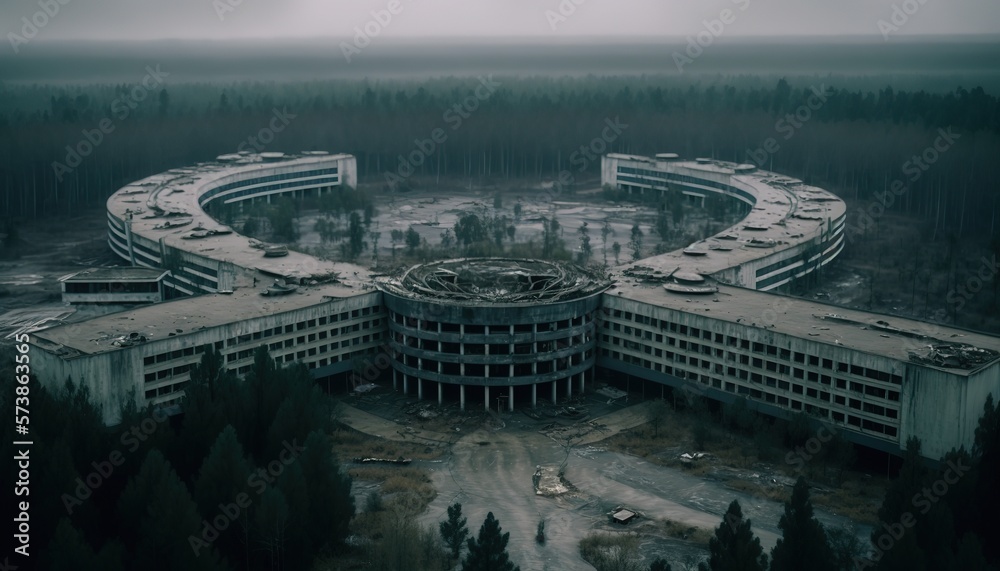 Pripyat, Soviet Union, aerial view, dystopia, dramatic, mist, dense ...