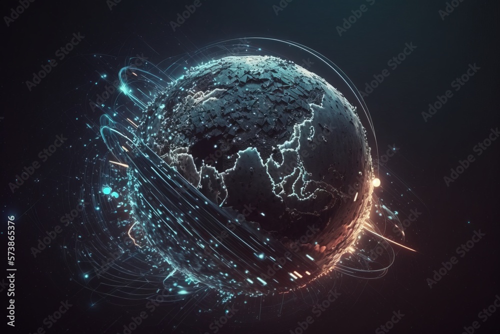 A stylized image of the earth with a lot of lines and dots around it ...