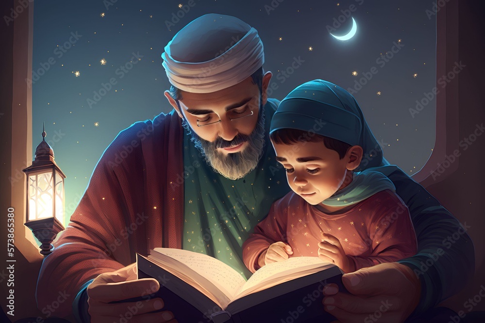 muslim father teach his son reading quran at night, Generative AI Stock ...